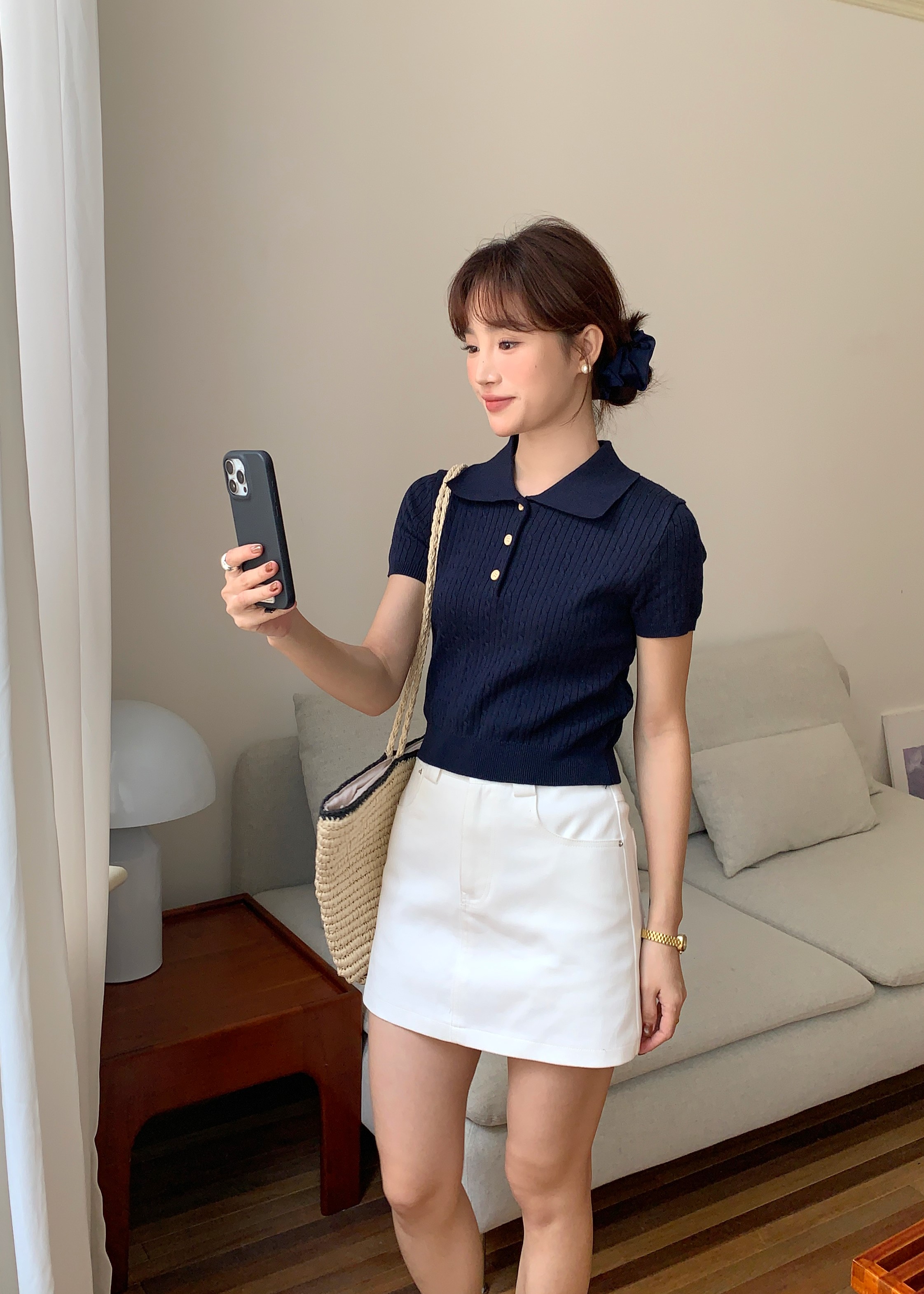 Everyday Cable Knit Polo Collar in Navy Blue | Minss