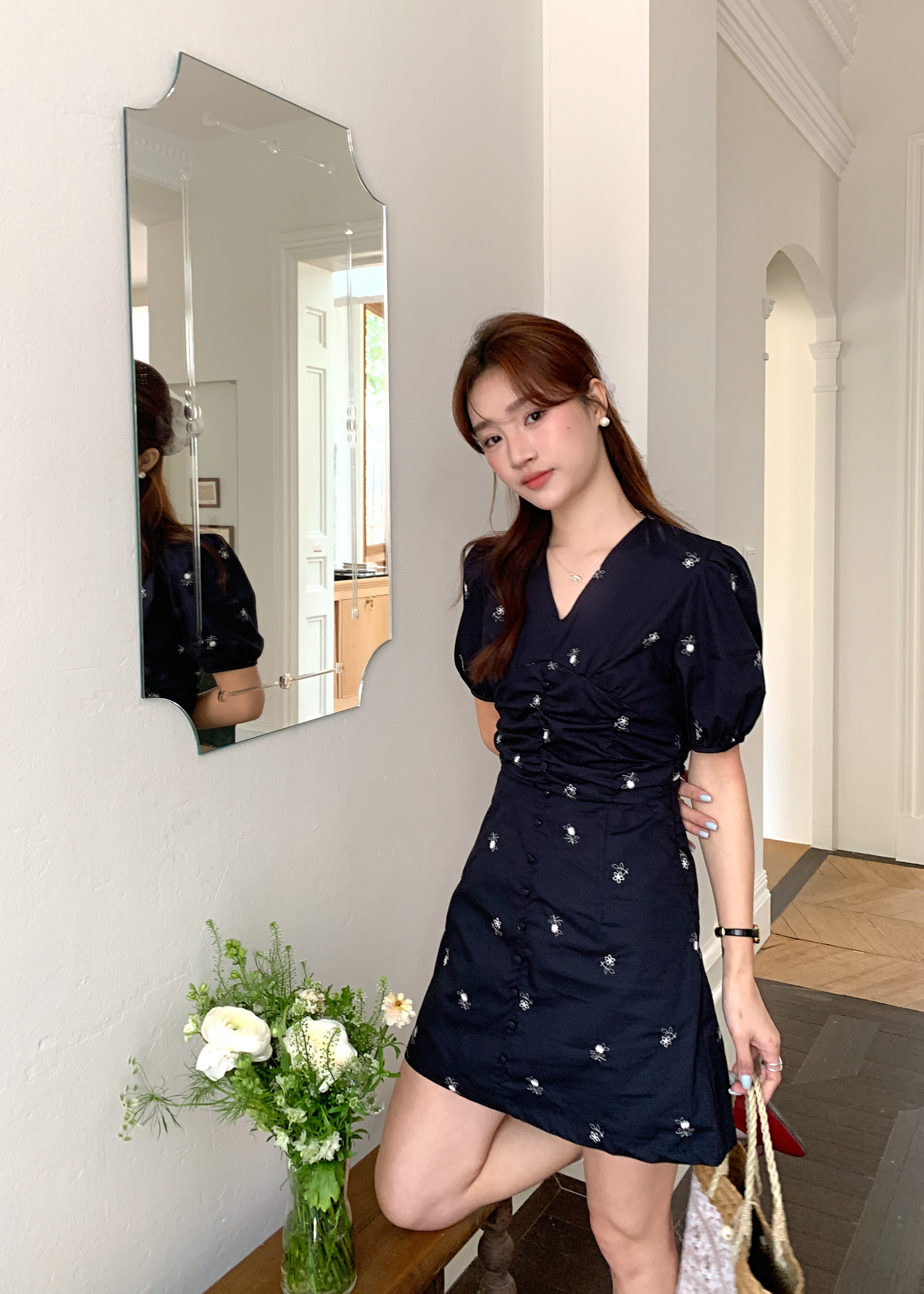 Clara Embroidery Floral Dress in Dark Navy Blue | Minss